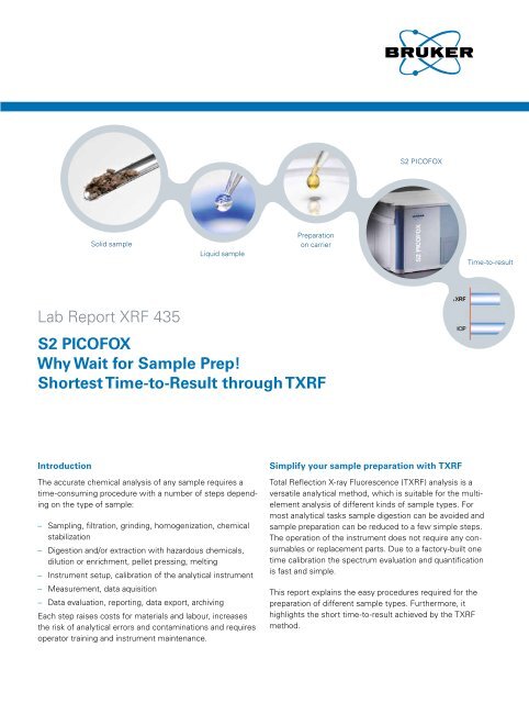 Lab Report XRF 435 S2 PICOFOX Why Wait for Sample Prep! - Bruker