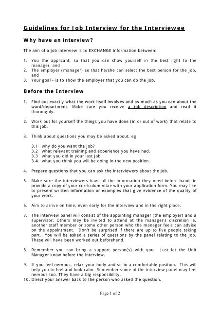 Guidelines for Job Interview for the Interviewee Guidelines for Job Interview for the Interviewee