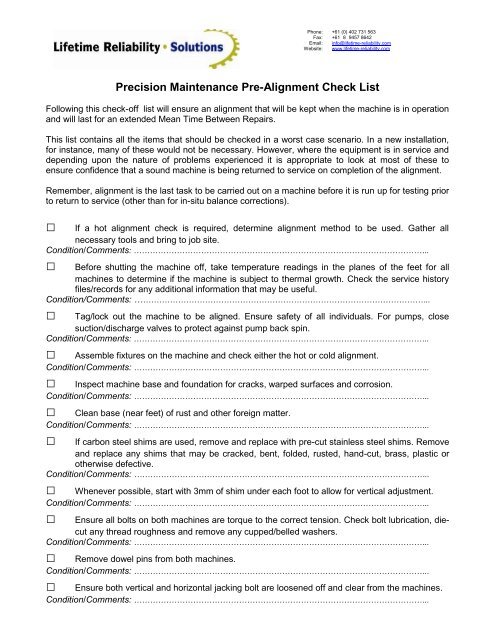 Pre-Alignment Check List - Lifetime Reliability