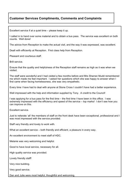 Customer Services Compliments, Comments and Complaints