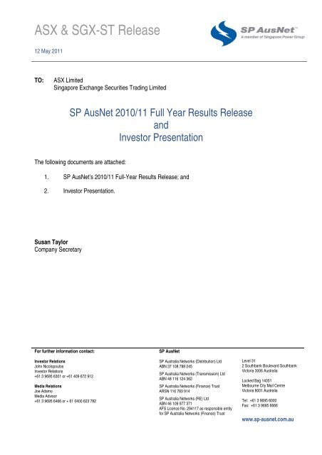 SP AusNet 2010/11 Full Year Results Release and Presentation