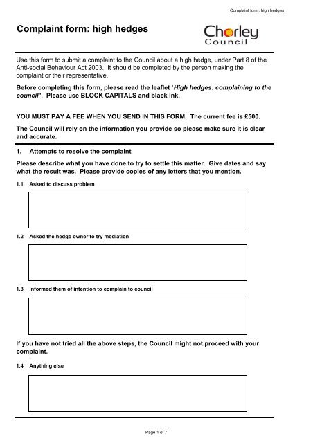 Complaint form: high hedges - Chorley Borough Council