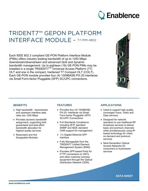trident7â ¢ gepon platform interface module - t7-pim-4802 - Enablence