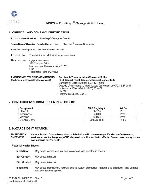MSDS â ThinPrep Orange G Solution - Actio Software Corporation