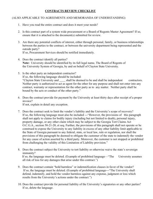 CONTRACTS REVIEW CHECKLIST - Clayton State University