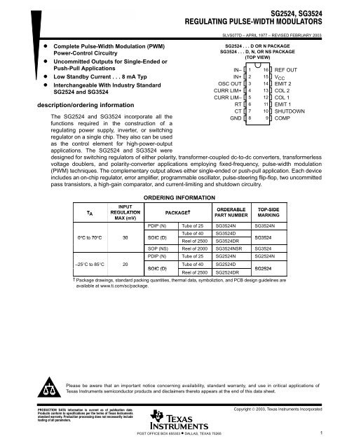 SG2524, SG3524 REGULATING PULSE WIDTH MODULATORS