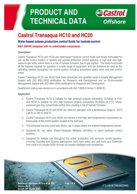 PRODUCT AND TECHNICAL DATA Castrol ... - ER Trading AS