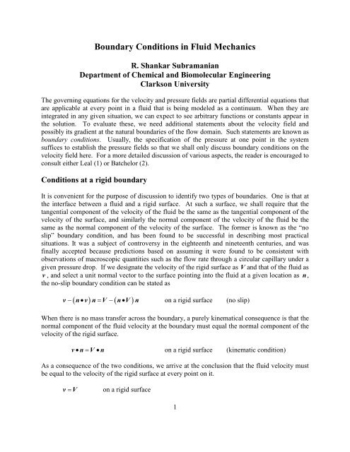 Boundary Conditions in Fluid Mechanics - Clarkson University
