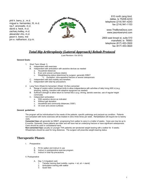 Total Hip Arthroplasty (Lateral Approach) Rehab Protocol Total Hip Arthroplasty (Lateral Approach) Rehab Protocol