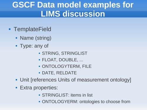 GSCF Data model examples for LIMS discussion