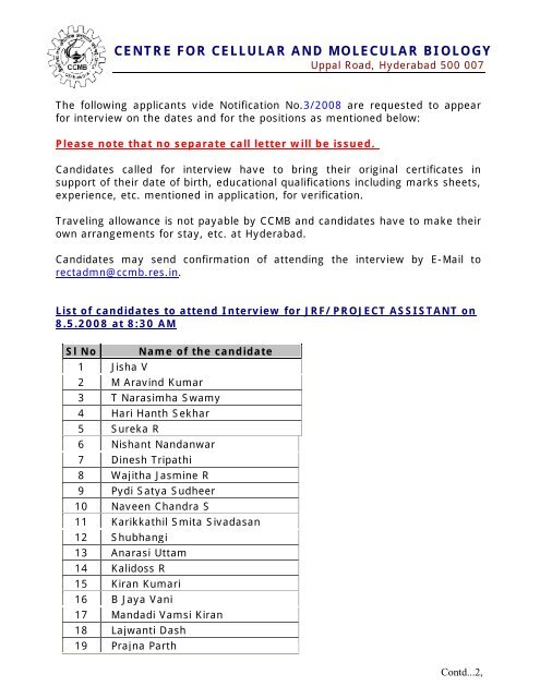 CENTRE FOR CELLULAR AND MOLECULAR BIOLOGY - CCMB