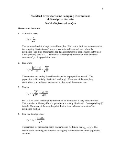 Standard Errors Of Some Statistics