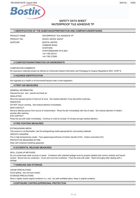 safety data sheet waterproof tile adhesive tp - Trademate Home Page