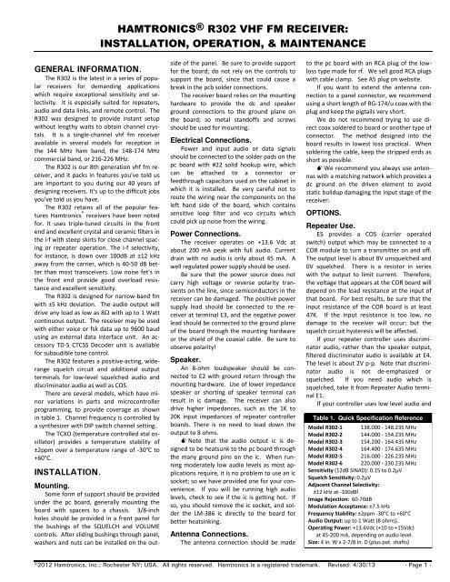 hamtronicsÂ® r302 vhf fm receiver: installation ... - Hamtronics Inc.