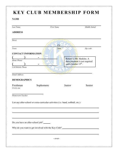 KEY CLUB MEMBERSHIP FORM - Cornell School District