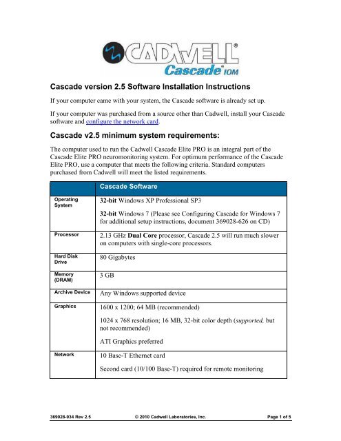 Software Installation Instructions - Cadwell Laboratories, Inc.