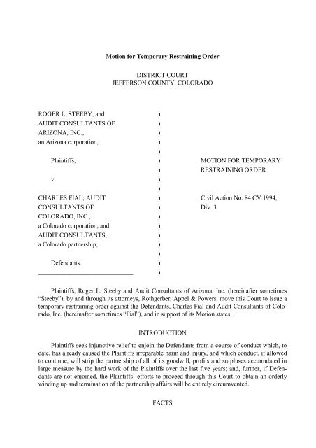Motion for Temporary Restraining Order DISTRICT ... - ALI CLE Motion for Temporary Restraining Order DISTRICT ... - ALI CLE
