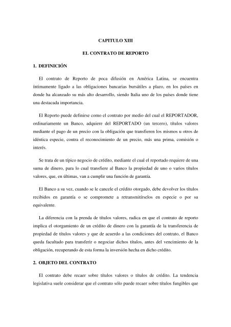 CAPITULO XIII EL CONTRATO DE REPORTO 1. DEFINICIÃ N El ...