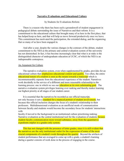 Narrative Evaluations and Educational Culture