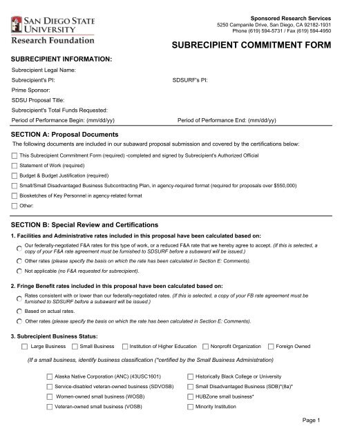 SUBRECIPIENT COMMITMENT FORM - SDSU Research Foundation
