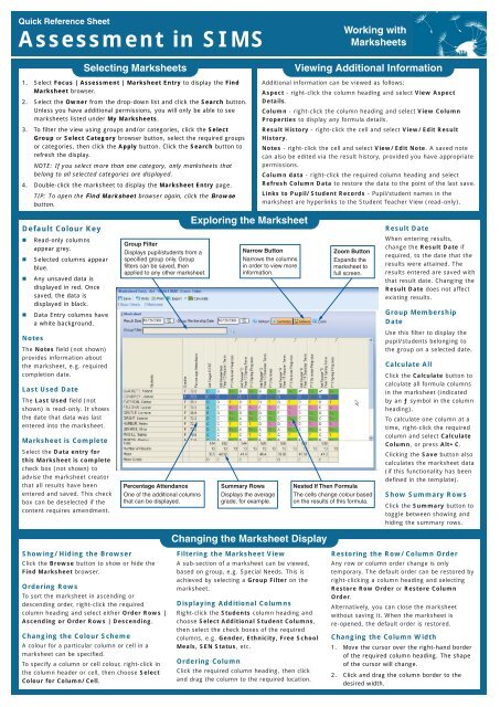 QRS Assessment in SIMS Working with Marksheets - EiS Kent