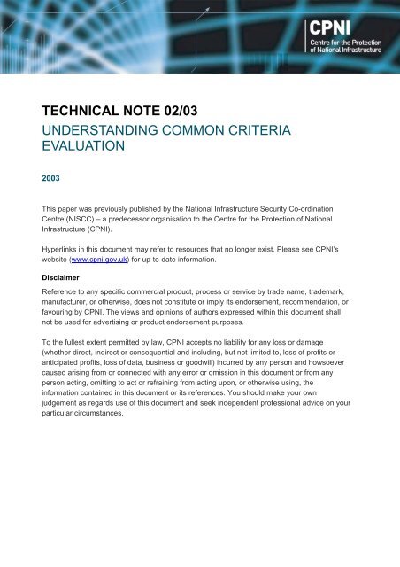 Understanding common criteria evaluation - technical note ... - CPNI
