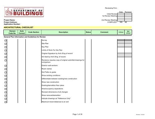ARCHITECTURAL CHECKLIST - City of Chicago