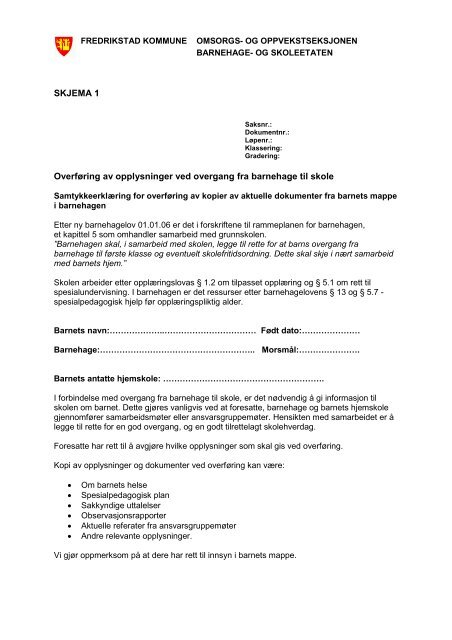 Skjema 1 Overføring Av Opplysninger Ved Overgang Fra Barnehage
