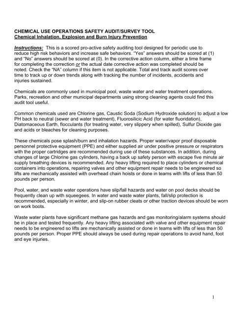 1 CHEMICAL USE OPERATIONS SAFETY AUDIT/SURVEY TOOL ...