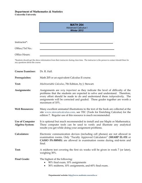 MATH 264 - Department of Mathematics and Statistics - Concordia ...