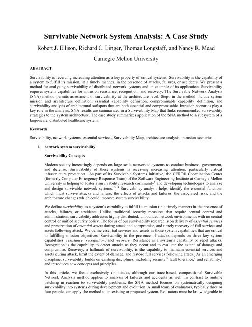 Survivable Network System Analysis: A Case Study - Cert