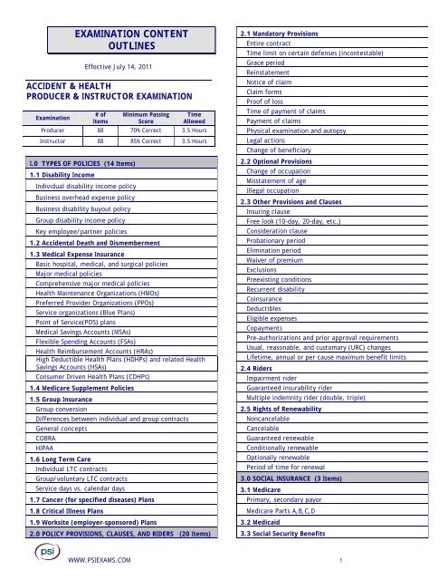 EXAMINATION CONTENT OUTLINES - PSI