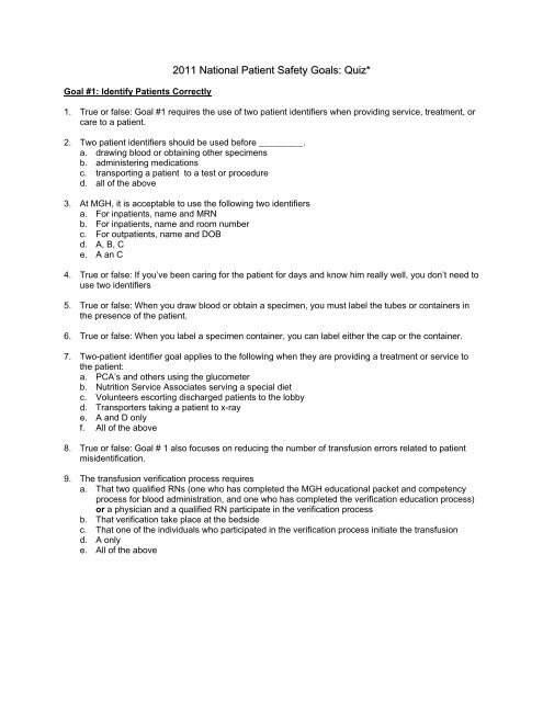 2011 National Patient Safety Goals: Quiz* - Mghpcs.org