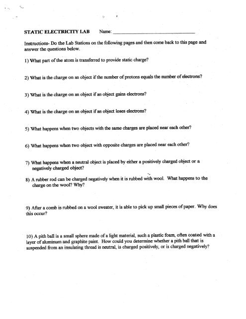 STATIC ELECTRICITY LAB Name: i Instructions Do the Lab Stations ...