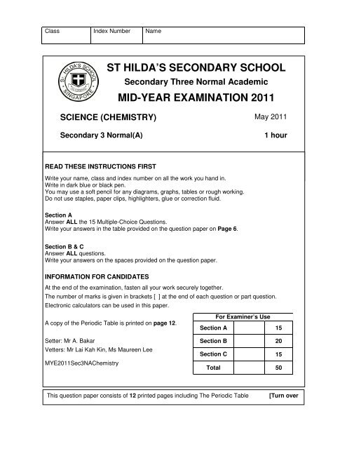 st hilda's secondary school mid-year examination 2011 - ASKnLearn