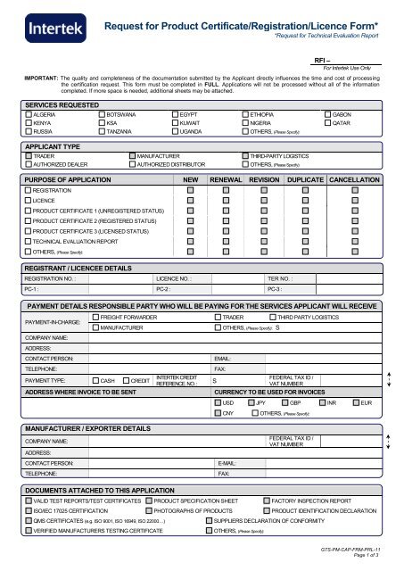 REQUEST FOR CERTIFICATION FORM* - Intertek