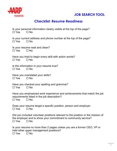 Web-Resume Readiness Checklist - AARP WorkSearch