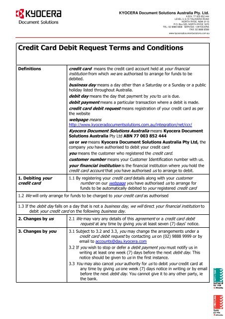 Credit Card Debit Request Terms and Conditions - KYOCERA ...