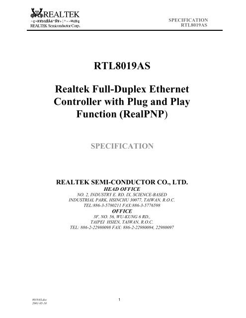 RTL8019AS Realtek Full-Duplex Ethernet Controller with ... - ChipCAD