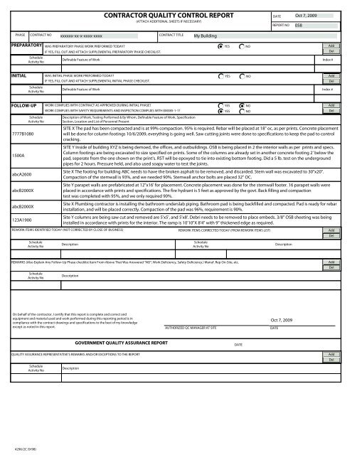 CONTRACTOR QUALITY CONTROL REPORT - kugan.com CONTRACTOR QUALITY CONTROL REPORT - kugan.com