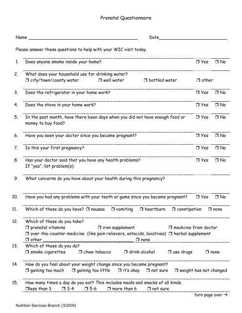 Prenatal Questionnaire - North Carolina Nutrition Services Branch
