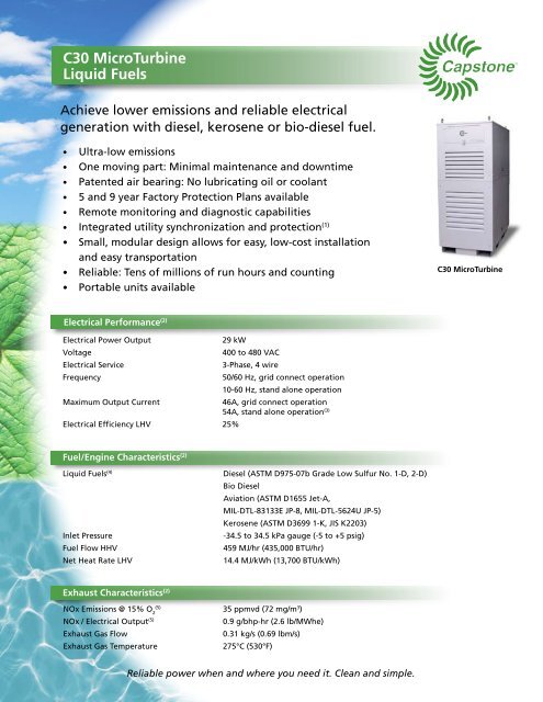 C30 MicroTurbine Liquid Fuels - Capstone Turbine