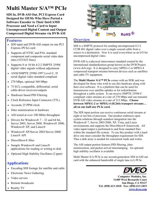 Multi Master S/Aâ ¢ PCIe -- SDI In, DVB-ASI Out PCIe Card - Dveo.com