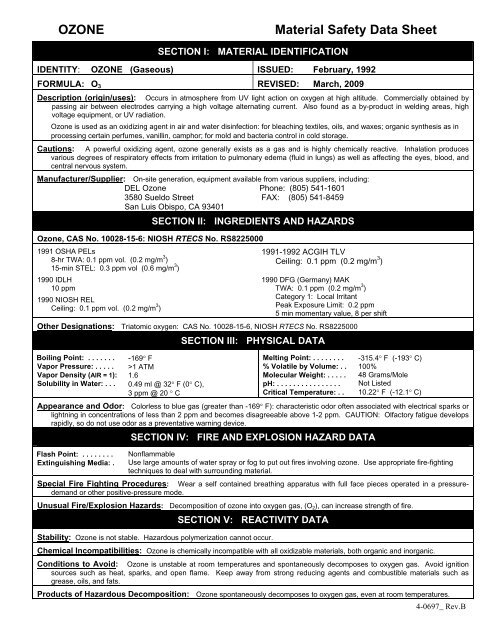 OZONE Material Safety Data Sheet