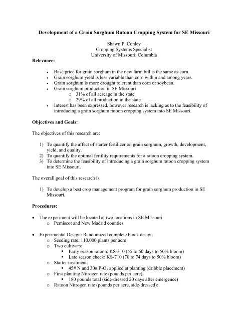 Development of a Grain Sorghum Ratoon Cropping System for SE ...