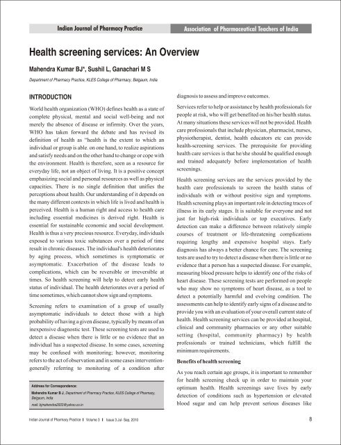 Health screening services: An Overview - Indian Journal of ...