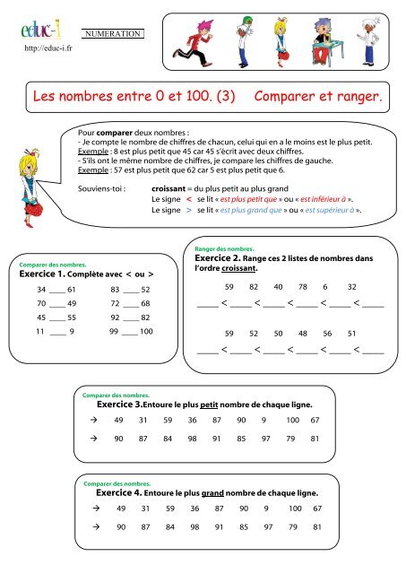 Les nombres entre 0 et 100. (3) Comparer et ranger. - Pass Education