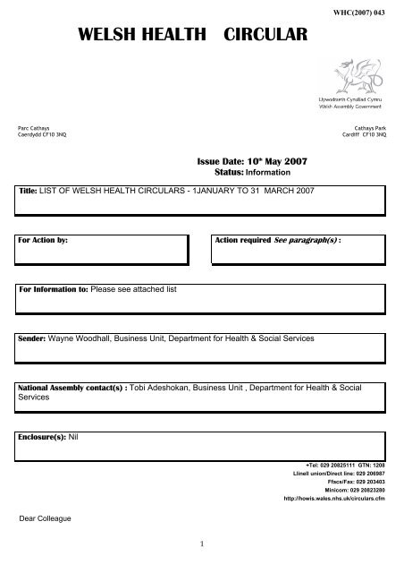 WELSH HEALTH CIRCULAR - Health in Wales