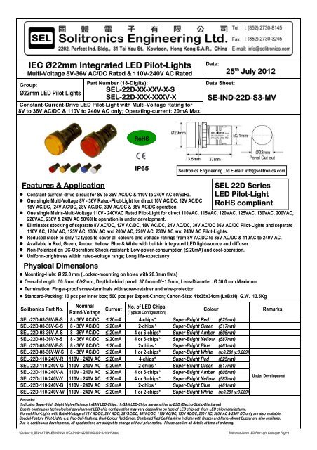 22mm IEC Multi-Voltage-Rated LED Pilot Lights For 8 ... - Solitronics