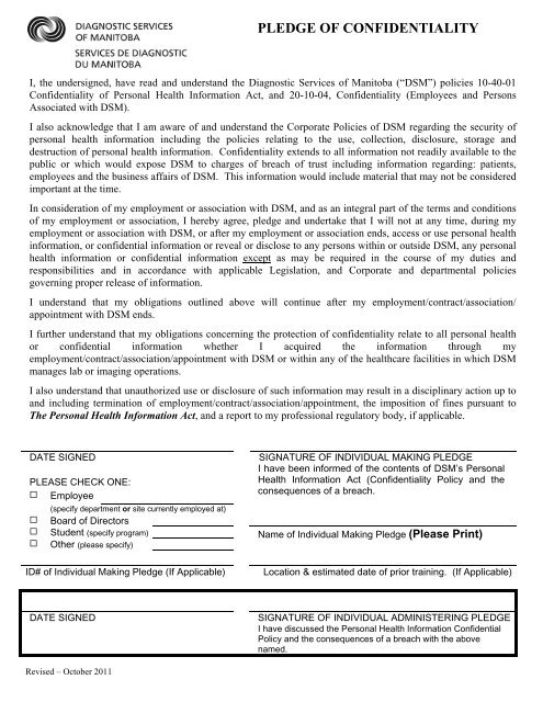 PLEDGE OF CONFIDENTIALITY - Diagnostic Services Of Manitoba